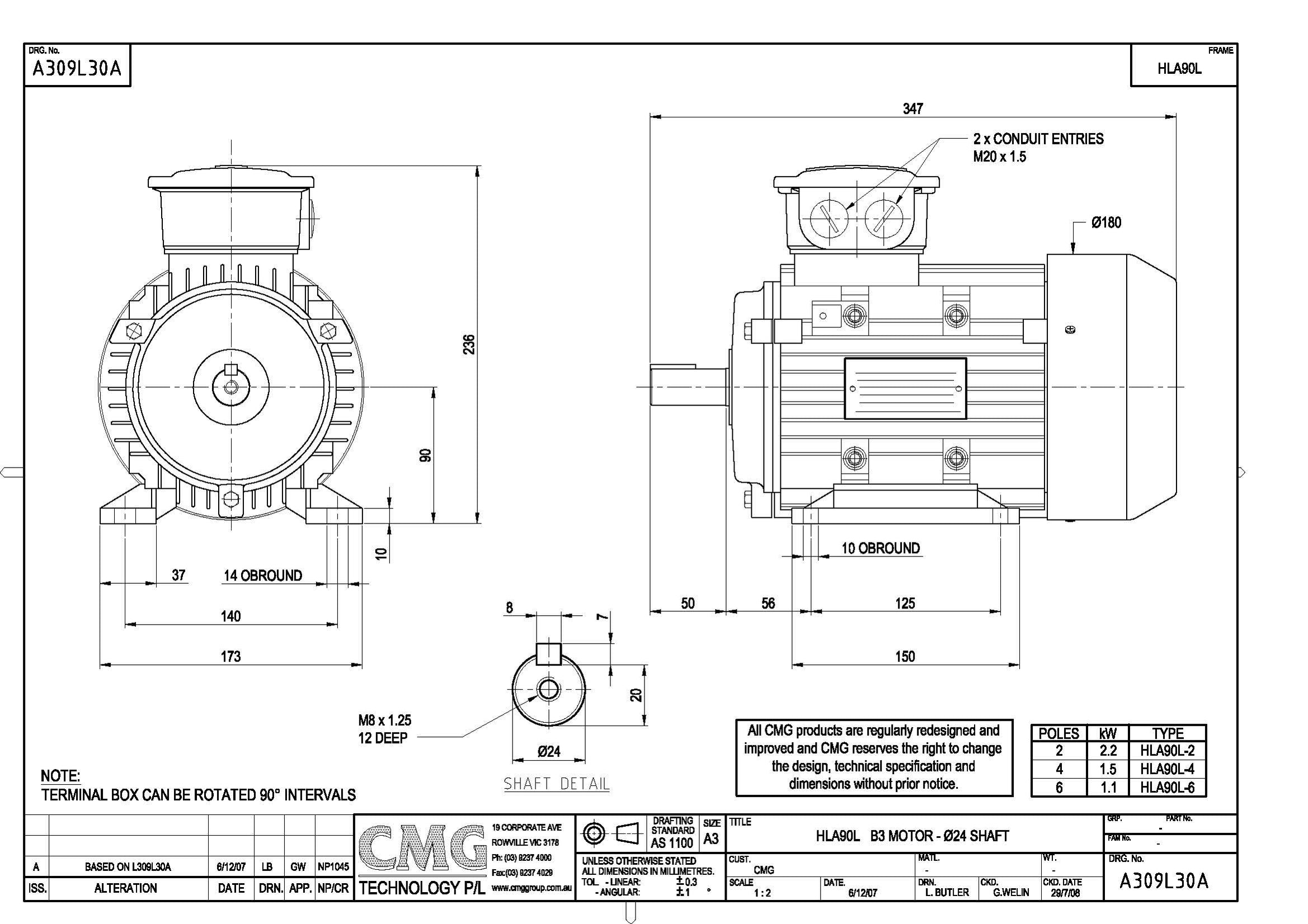 1.1KW CMG MARATHON THREE PHASE 415V 6POLE (900RPM) FOOT MOUNT MOTOR