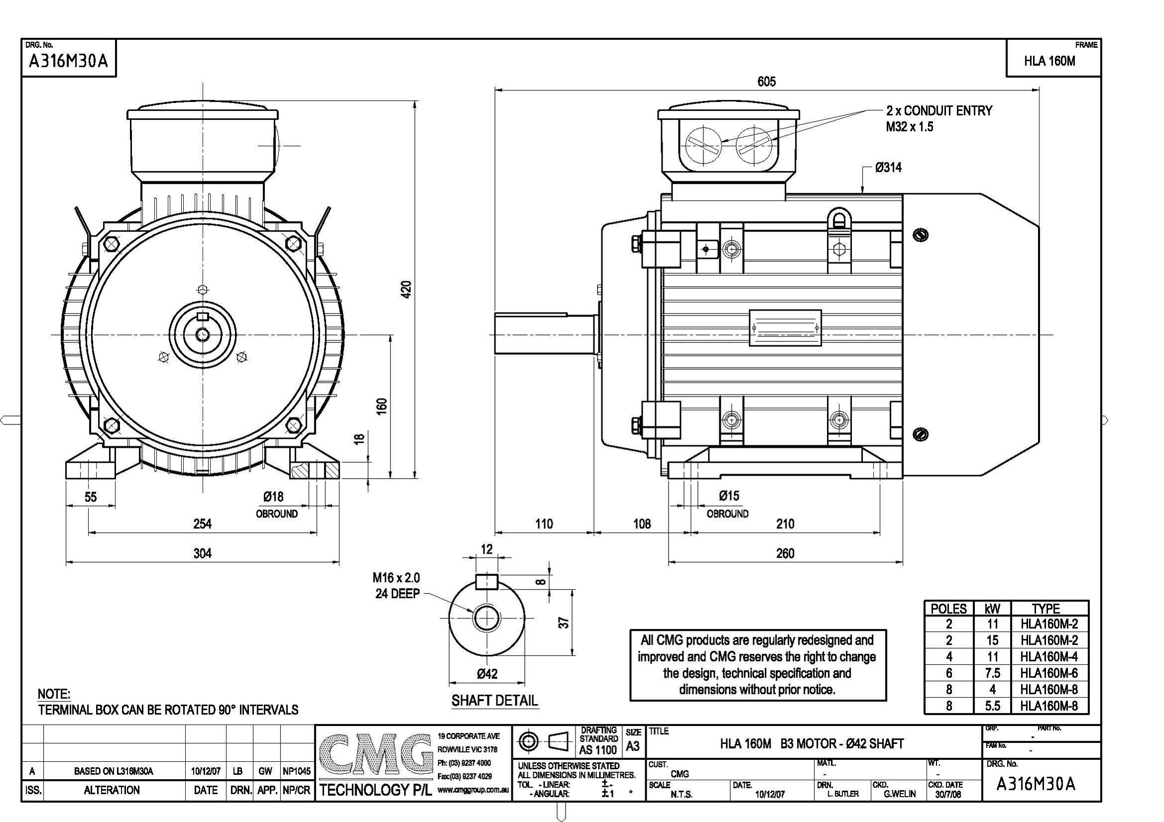 7.5KW CMG MARATHON THREE PHASE 415V 6POLE (900RPM) FOOT MOUNT MOTOR