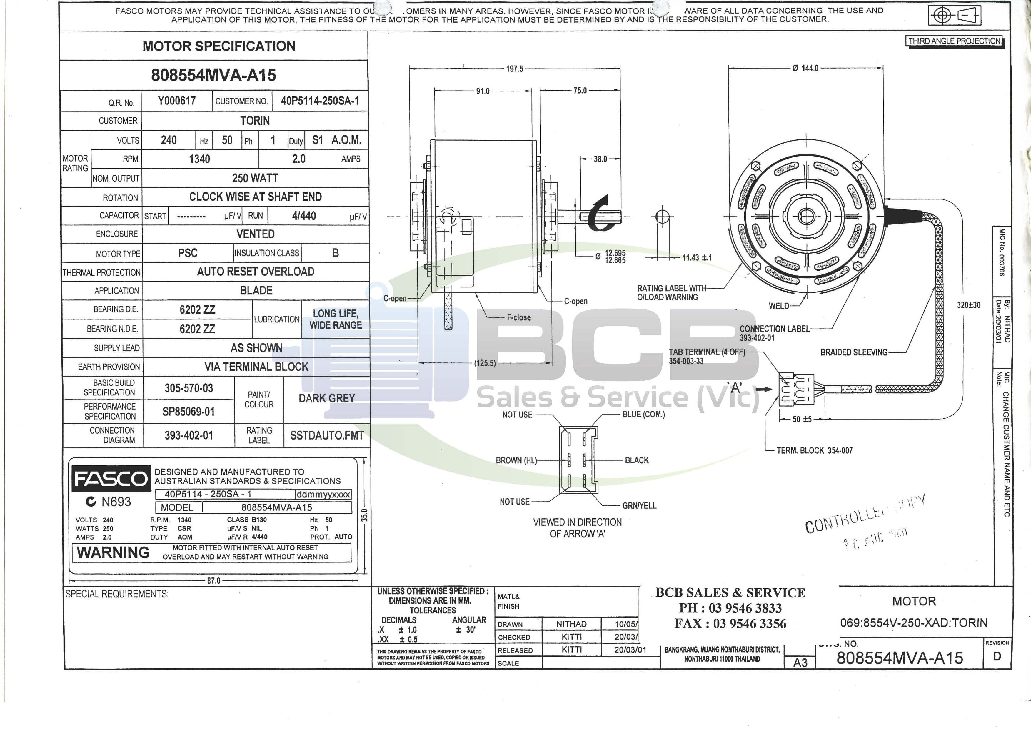 FASCO ( MARATHON ) 808554MVA-A15 BONAIRE 250W DUCTED HEATER FAN MOTOR