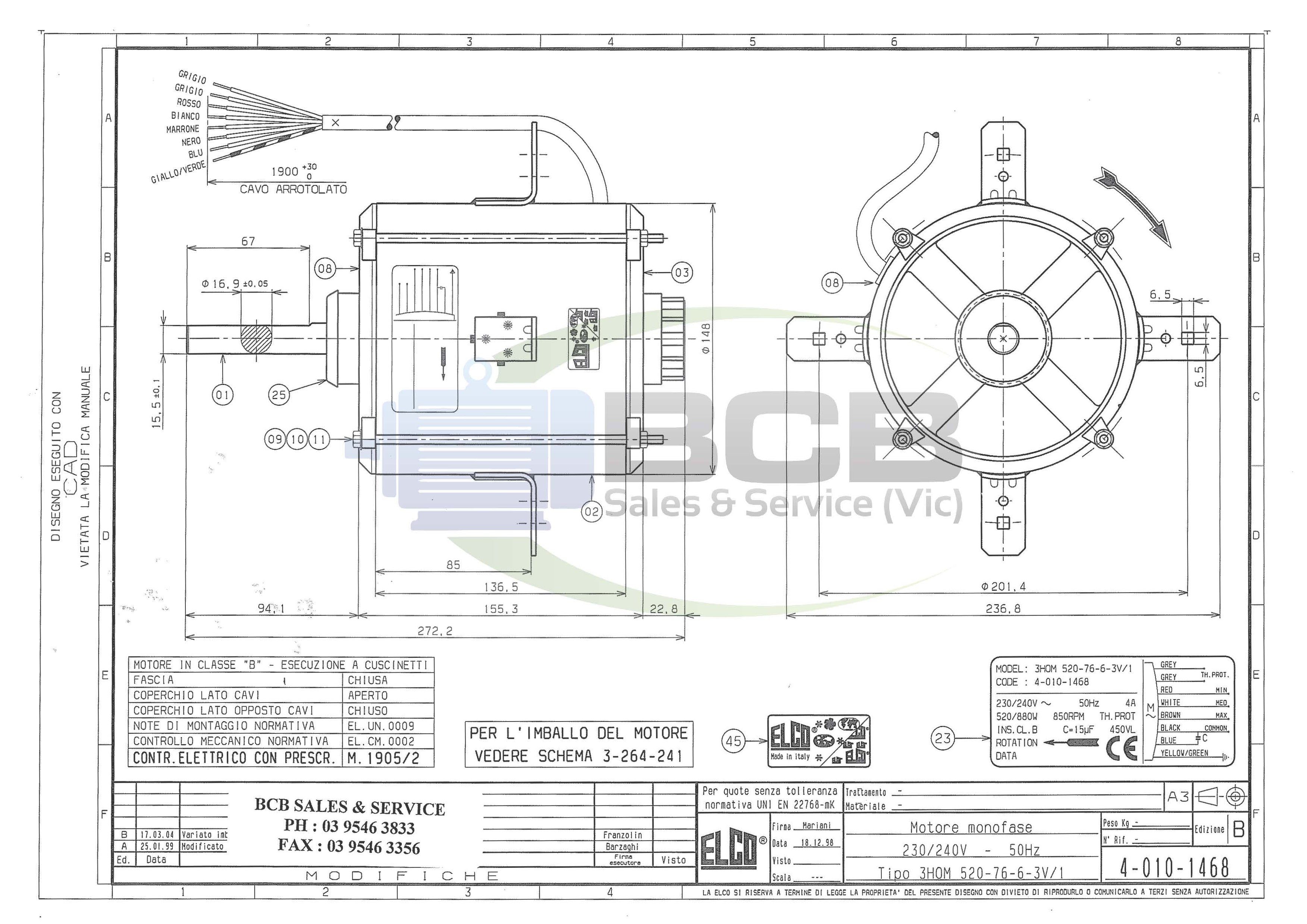 ELCO HVAC CONDENSER FAN MOTOR 520/880W 6POLE (900RPM) 3 SPEED