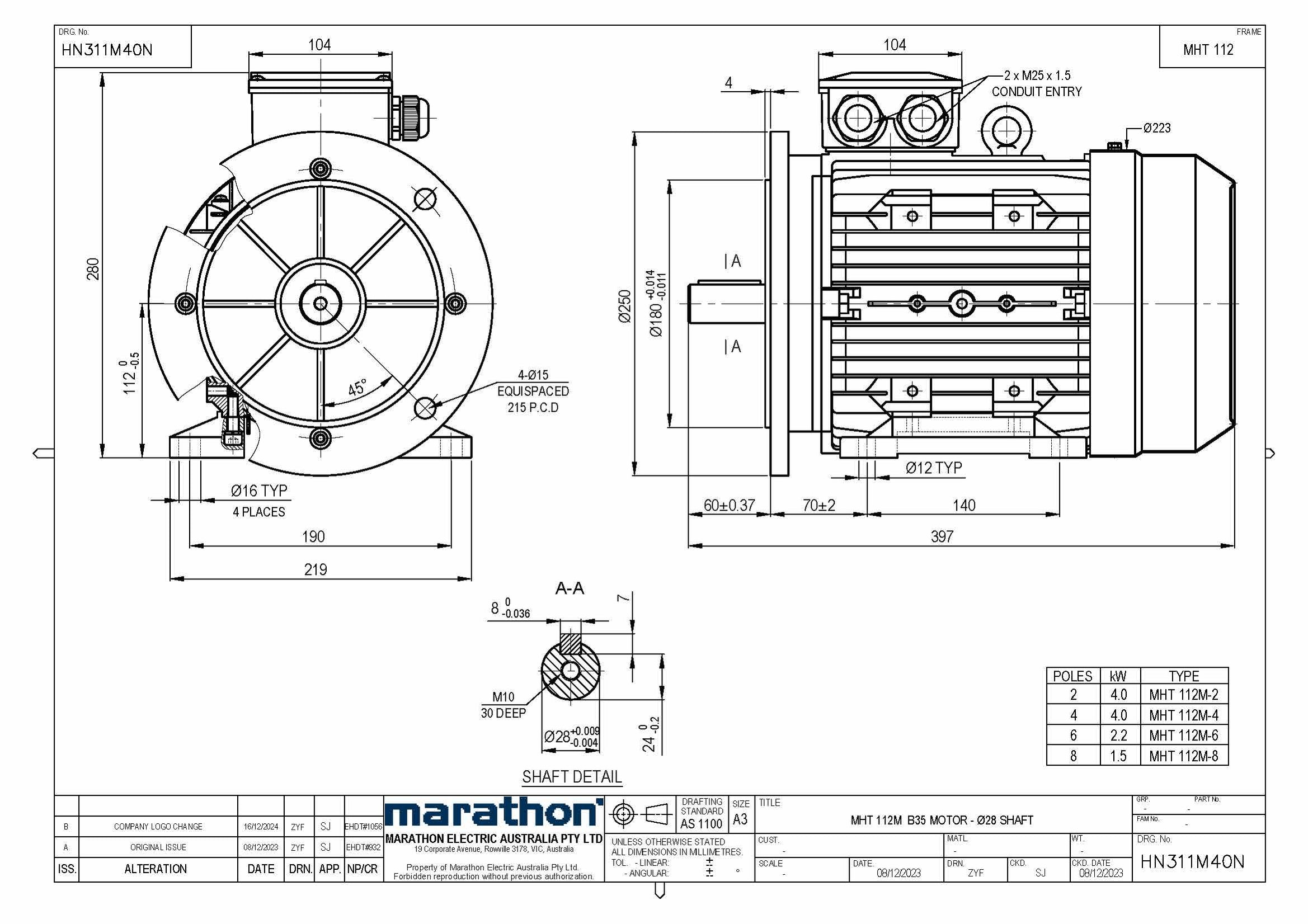 2.2KW CMG MARATHON MHT THREE PHASE 415V 6POLE (900RPM) FOOT/FLANGE MOU