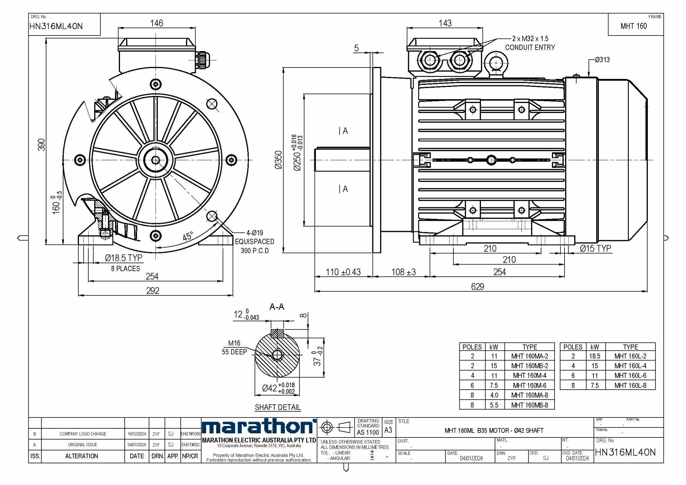 15KW CMG MARATHON MHT THREE PHASE 415V 4POLE (1400RPM) FOOT/FLANGE MOU